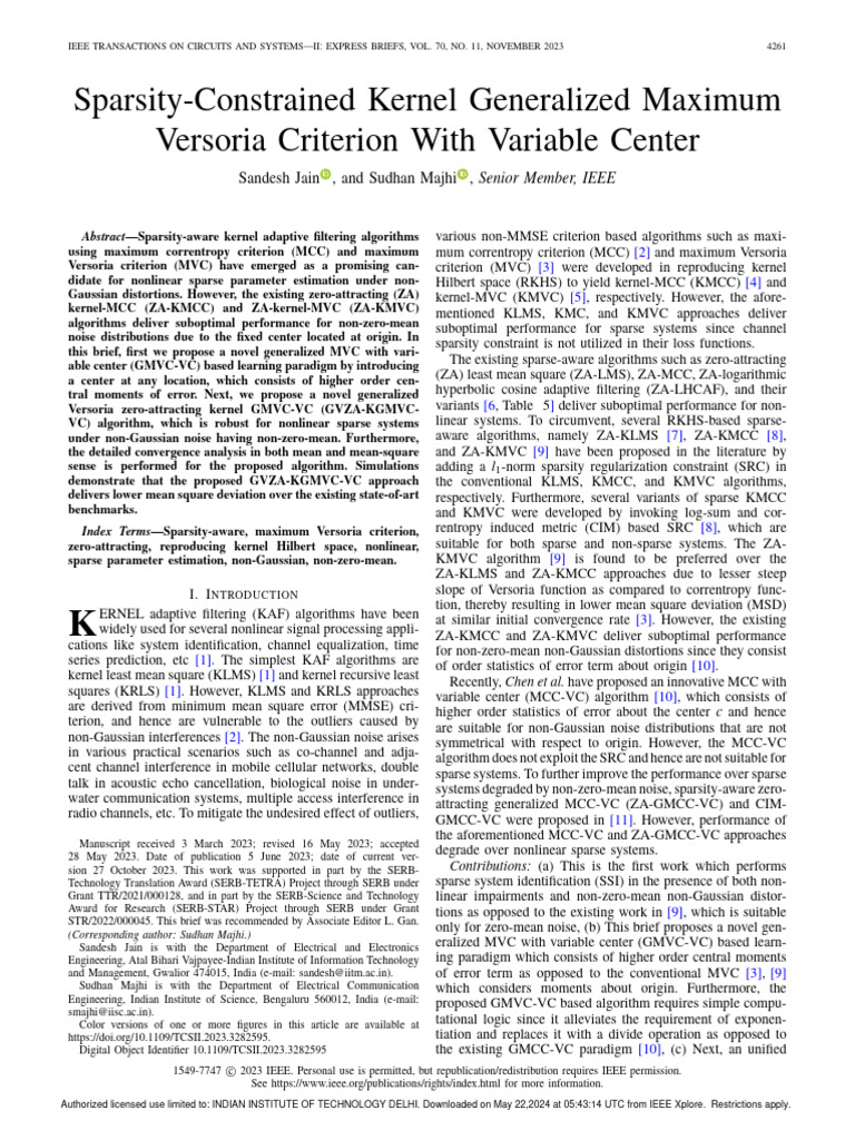 Sparsity-Constrained Kernel Generalized Maximum Versoria Criterion With Variable Center | PDF ...