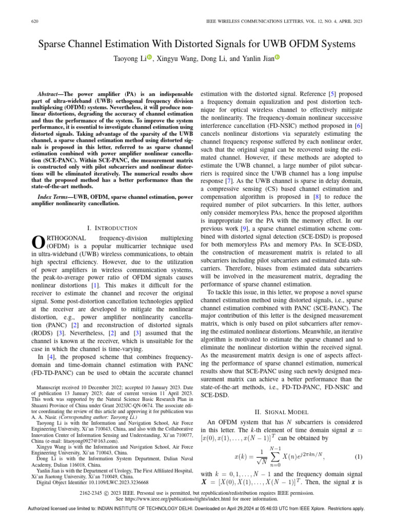 Sparse Channel Estimation With Distorted Signals For UWB OFDM Systems | PDF | Orthogonal ...