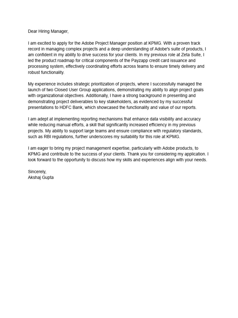 KPMG Cover Letter Akshaj | PDF | Business