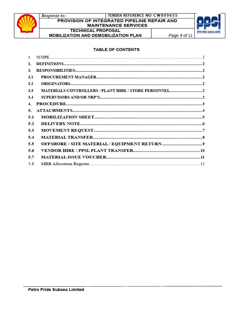 Offshore Maintenance Mobilization Plan | PDF