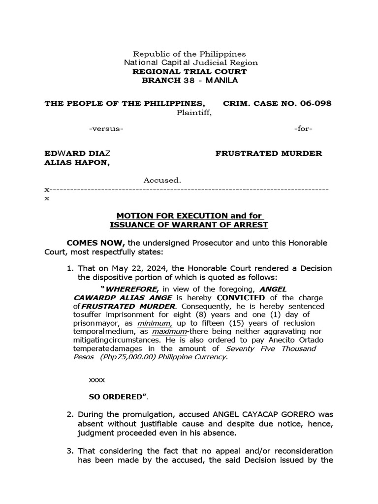 Sample Motion For Execution and Issuance of Warrant of Arrest | PDF | Judiciaries | Separation ...