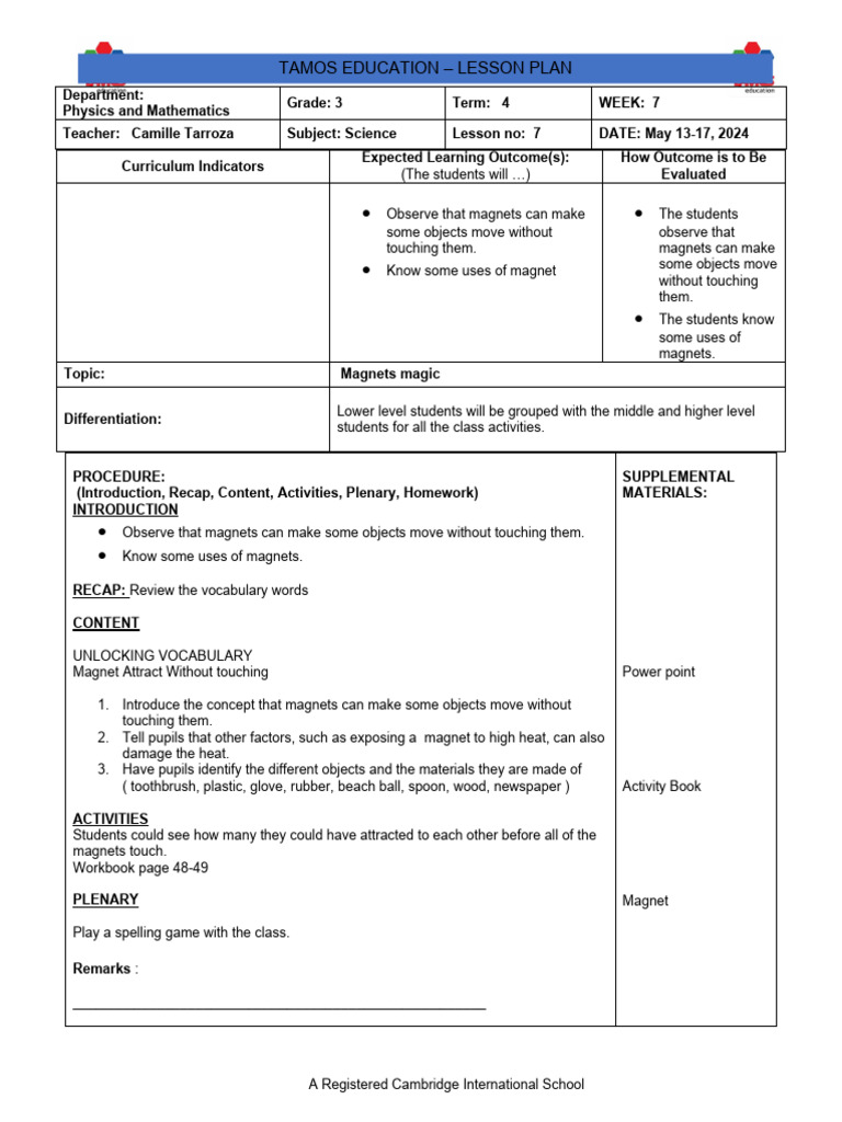 Grade 3 Science: Magnet Magic | PDF | Lesson Plan | Pedagogy