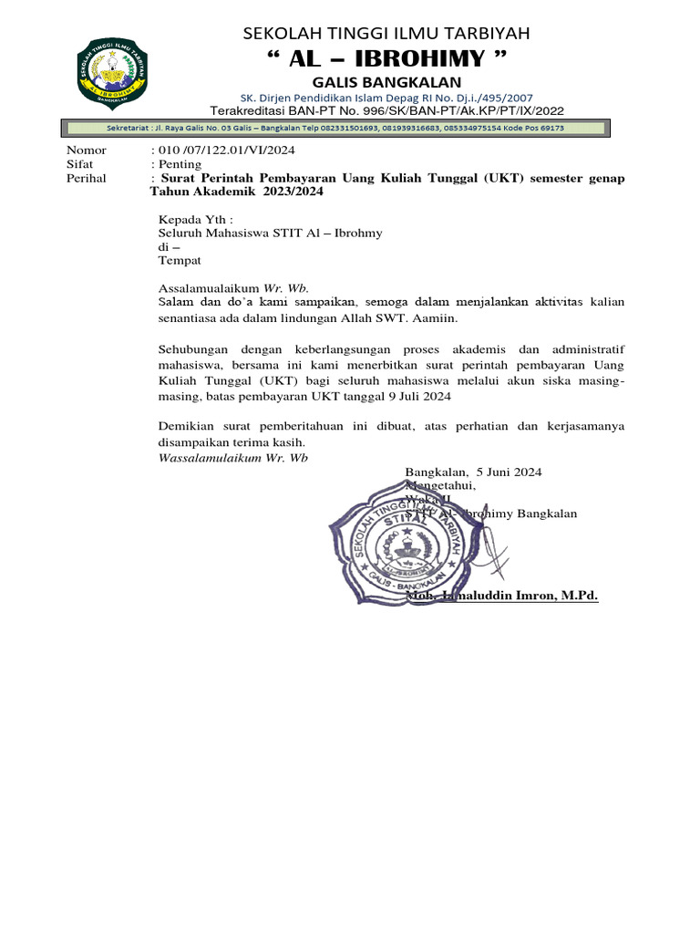 Surat Pembayaran UKT Genap 2023-2024 | PDF