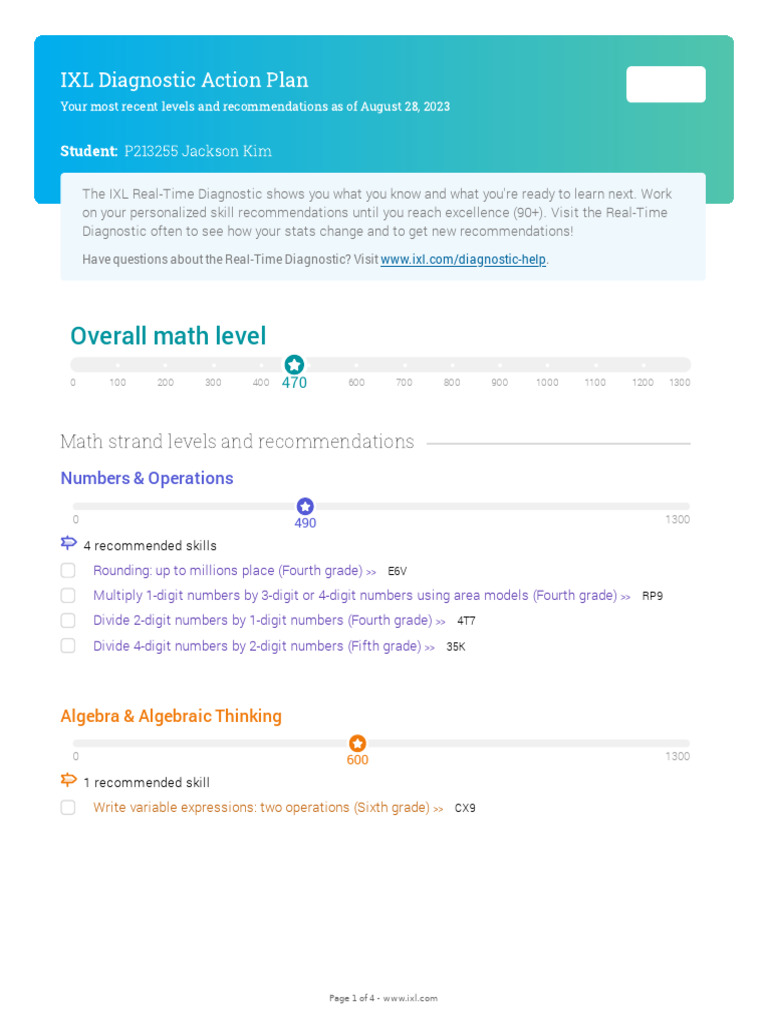 IXL-Diagnostic-Report_2023-08-28_Jackson-Kim-P213255 | PDF | Mathematics