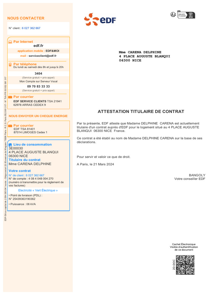 Attestation de contrat EDF 2024 | PDF | Informatique | Télécommunications