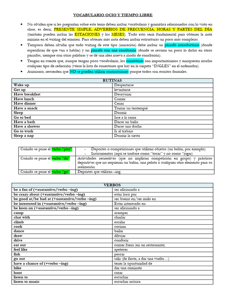 Vocabulario Ocio y Tiempo Libre | PDF | Lingüística
