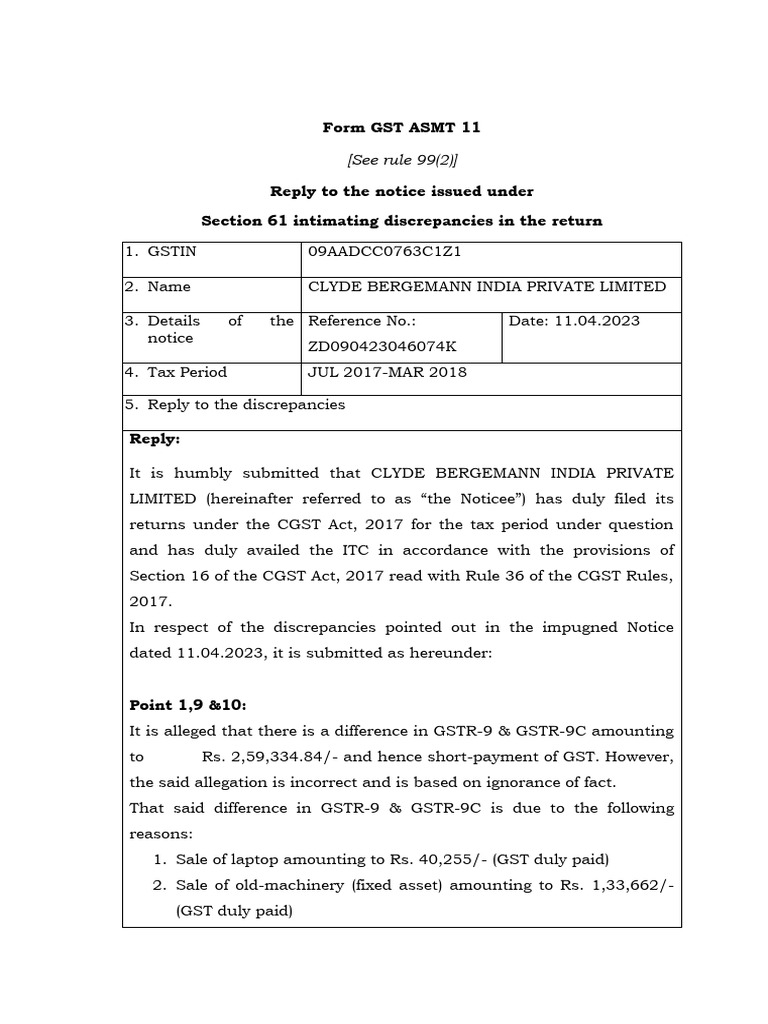 Form GST ASMT 11 - Clyde Bergemann | PDF | Payments | Government Finances