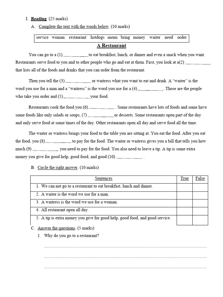 Reading Exam For Part-Time | PDF | Waiting Staff | Restaurants