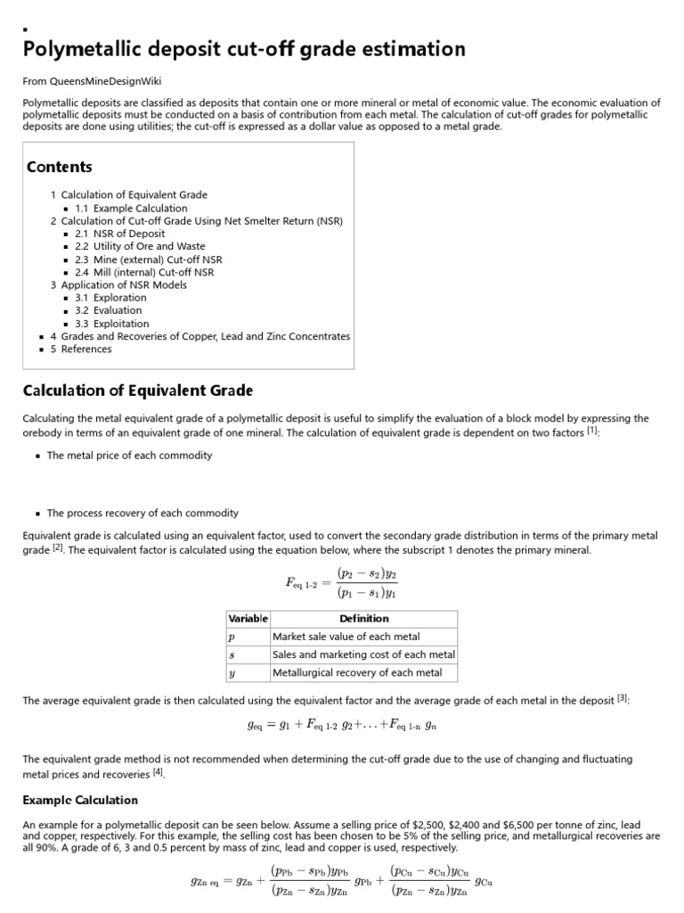 Polymetallic Deposit Cut-Off Grade Estimation - QueensMineDesignWiki ...
