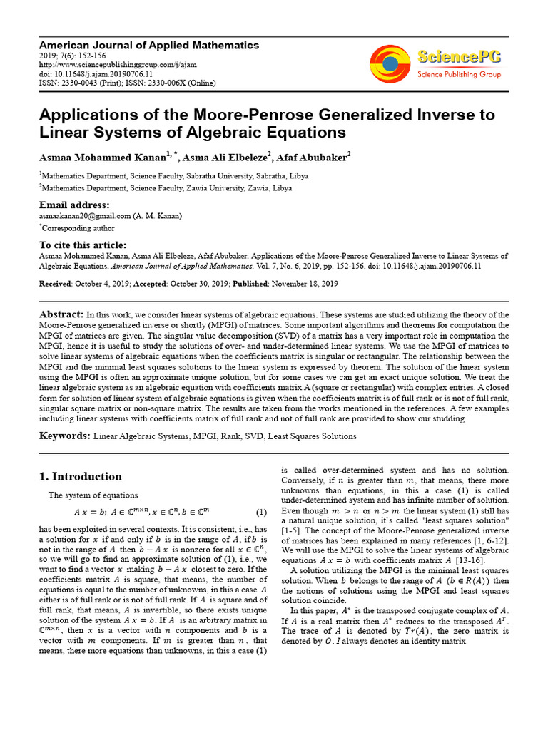 2.applications of The Moore-Penrose Generalized Inverse | PDF | System Of Linear Equations ...