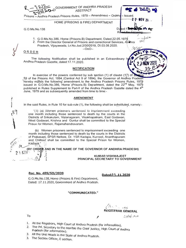 Andhra Pradesh Prisons Rules, 1979 - Amendment | PDF