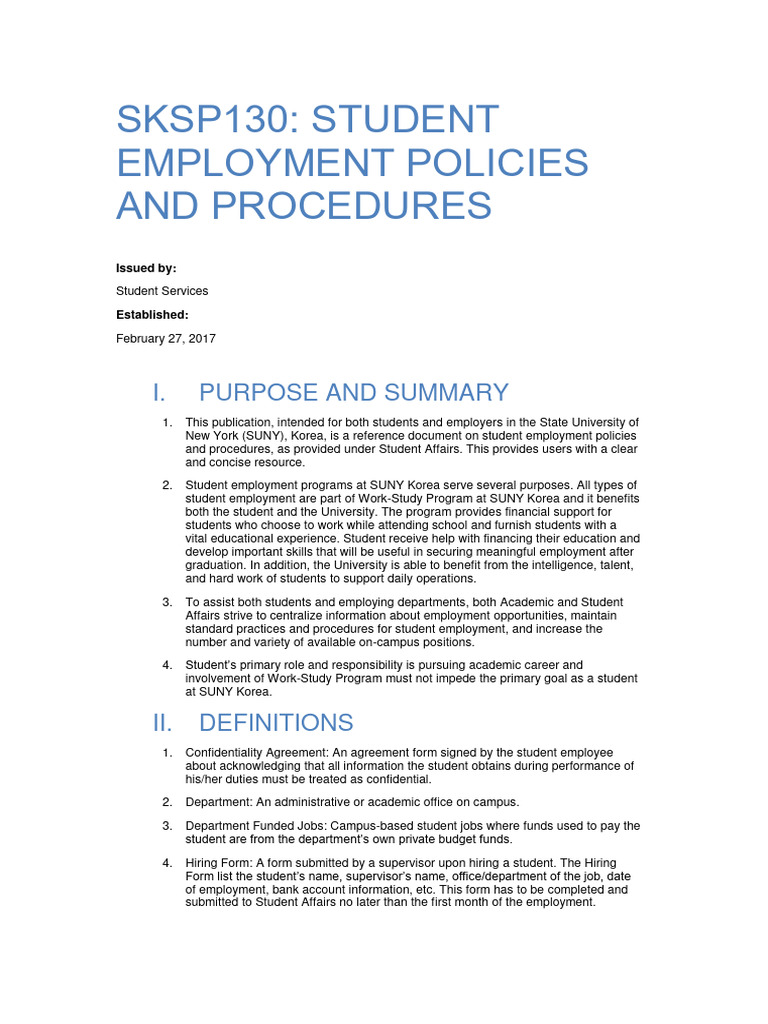 Sksp130_student Employment Policies and Procedures_20230904 (1) | PDF | Employment | Student Affairs