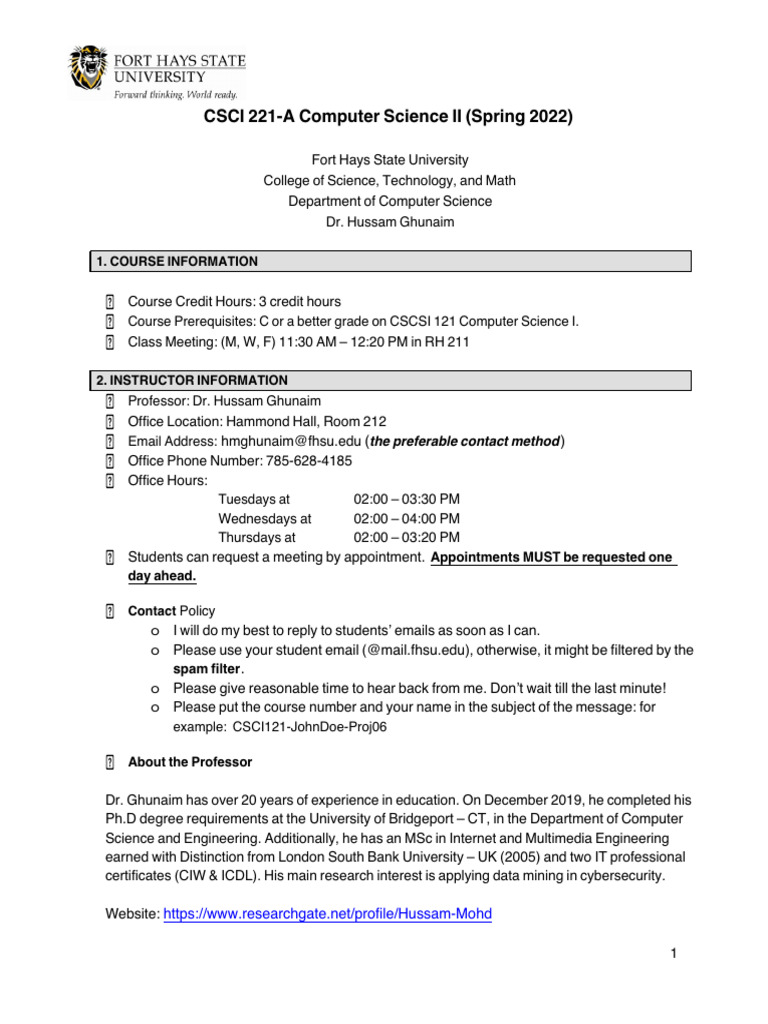 CSCI 221-A Syllabus Spring 2022 | PDF