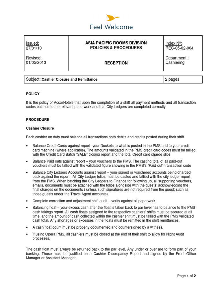 Rec-05-02-004 - Cashier Closure and Remittance | PDF | Credit Card ...
