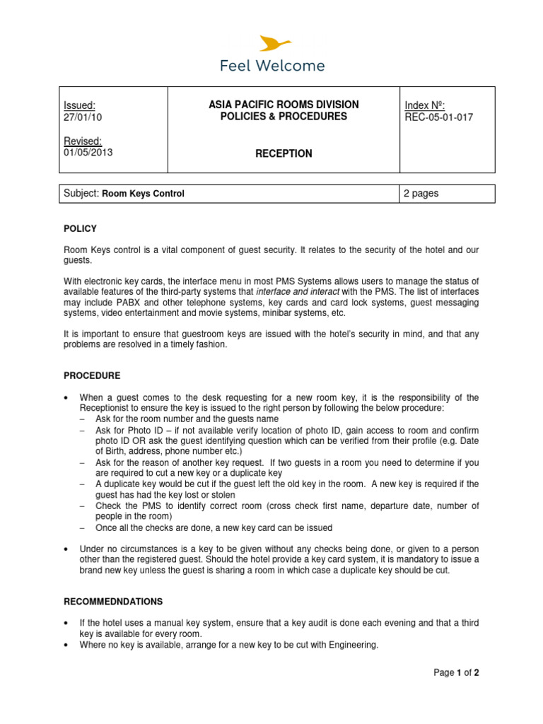Room Key Control Policy Guide | PDF | Cyberspace | Software