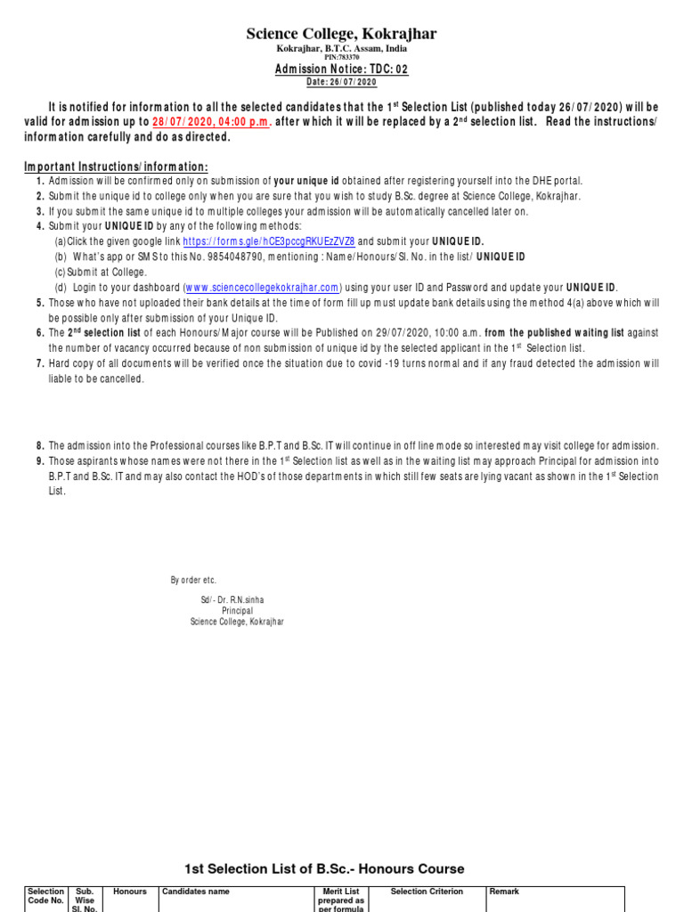 First Selection B.SC | PDF