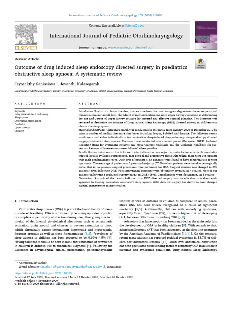 Outcome of Drug Induced Sleep Endoscopy Directed Surgery in Paediatrics ...