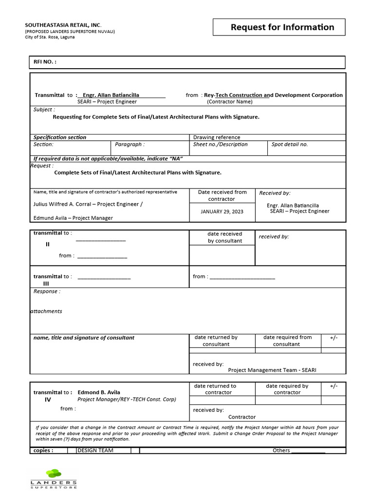 RFI - Request For Information - Complete Updated Ar Plan With Signature ...