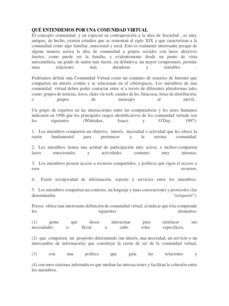 QUÉ ENTENDEMOS POR UNA COMUNIDAD VIRTUAL | PDF | Internet | Realidad ...