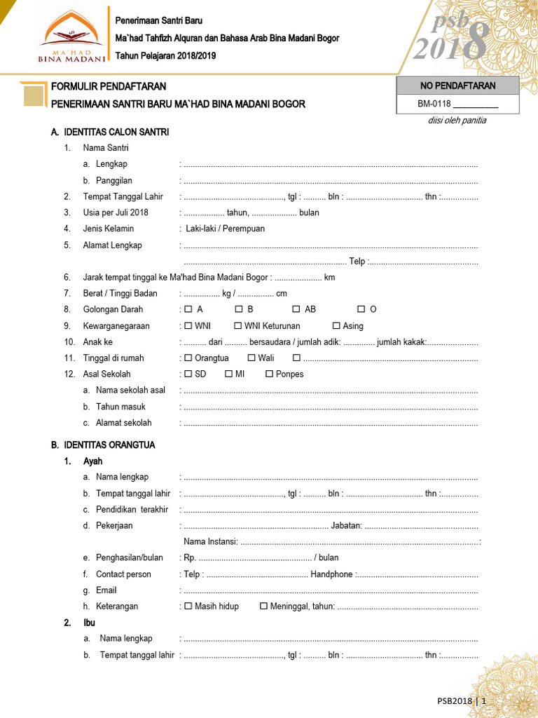 Form Pendaftaran PSB 2018 | PDF