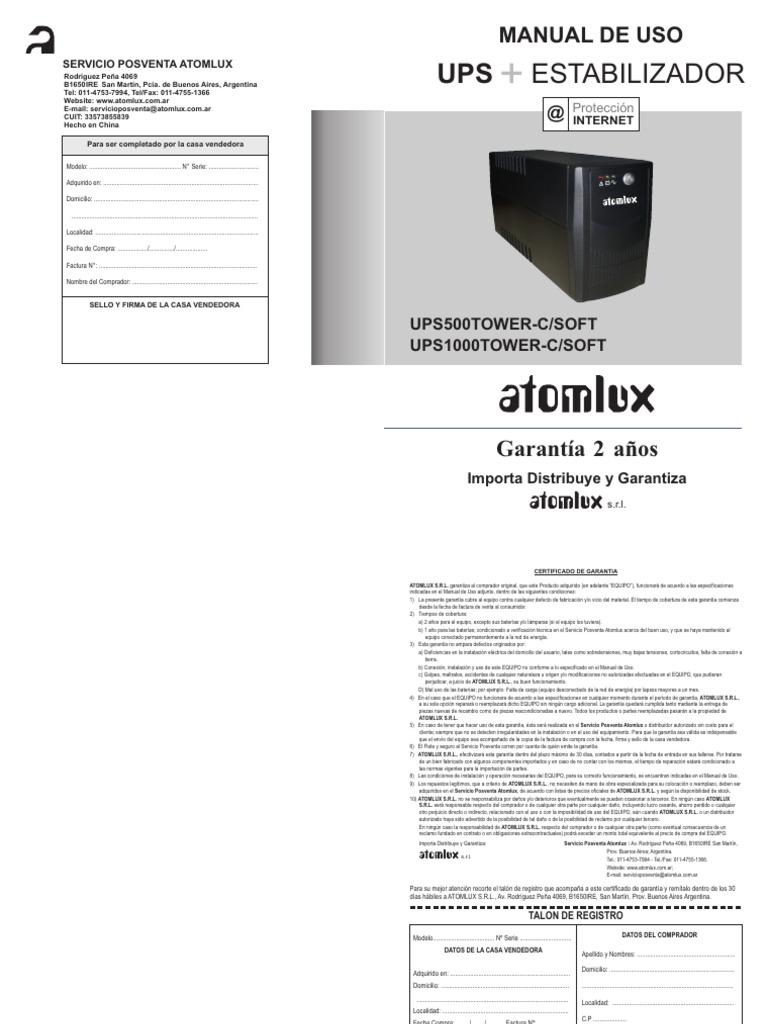 UPS Atomlux: Garantía y Uso Seguro | PDF | Fusible (Eléctrico) | Diodo ...