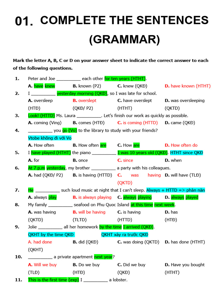 Complete The Sentences (Grammar) | PDF