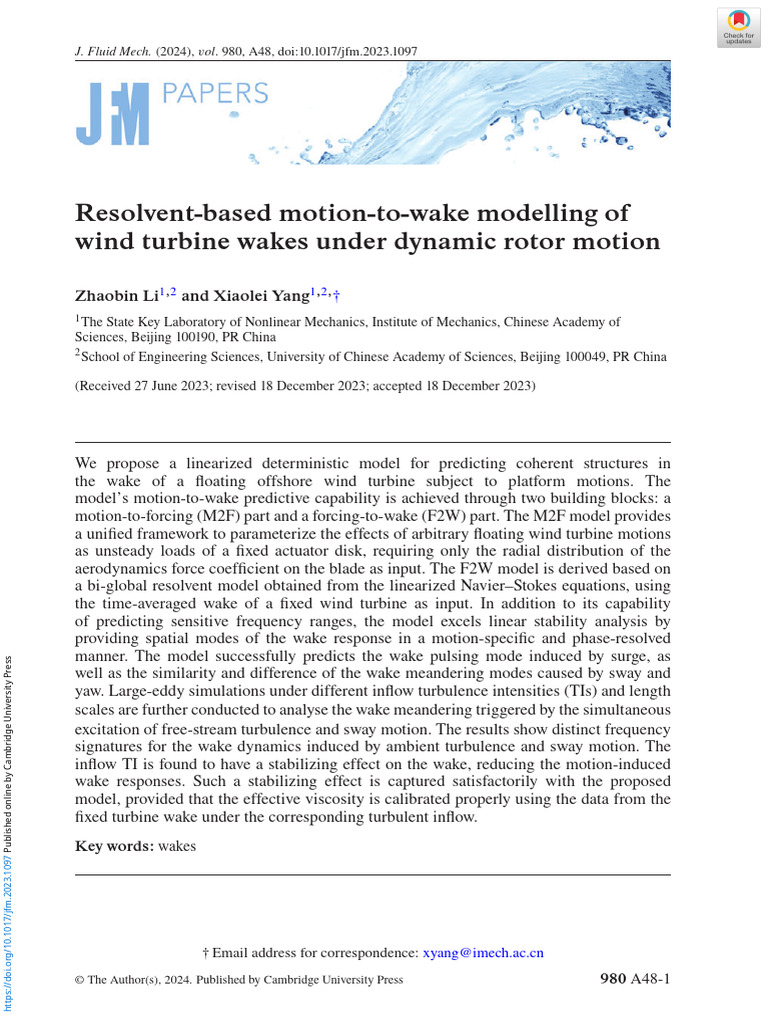 Resolvent Based Motion to Wake Modelling of Wind Turbine Wakes Under ...