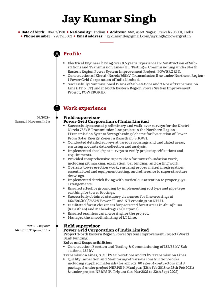 Jay Singh Resume (21) | Download Free PDF | Electric Power Transmission | Electrical Substation