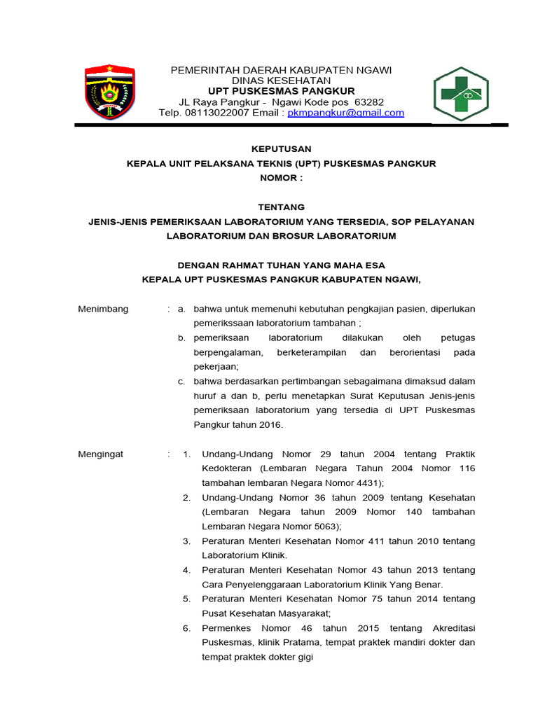 8.1.1.1 SK Jenis Pemeriksaan Lab Yg Tersedia | PDF