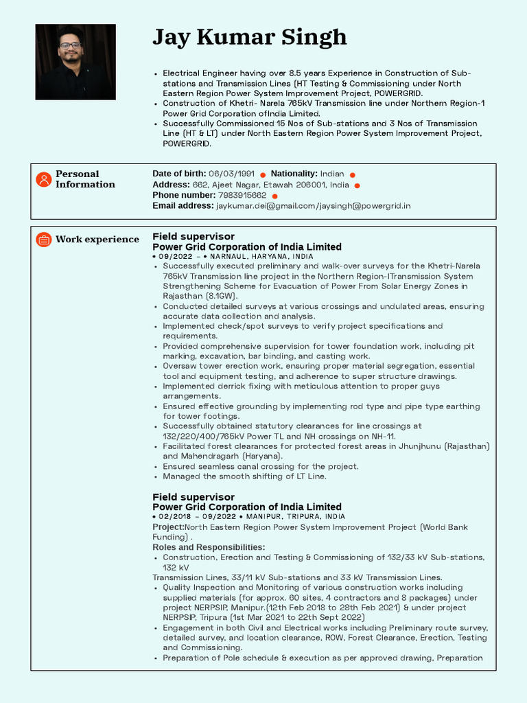 Jay Singh Resume | PDF | Electric Power Transmission | Electrical Substation