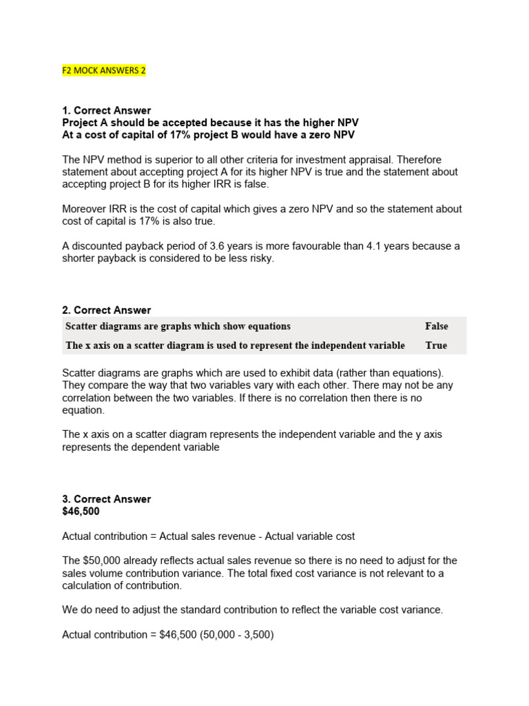 F2 Mock Answers 2 | PDF | Net Present Value | Profit (Economics)