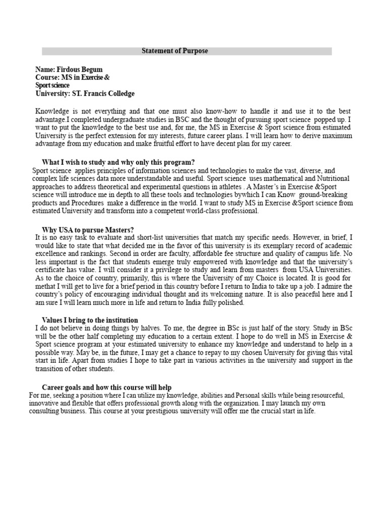 Sop For Exercise &sport Science | PDF | Science | Knowledge