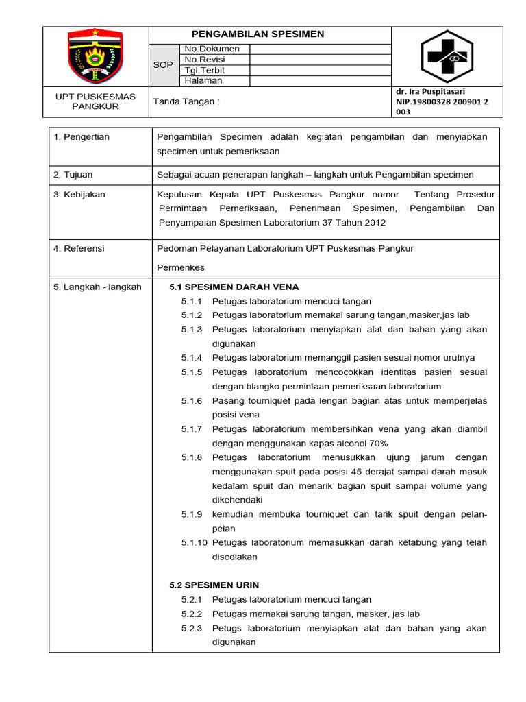 SOP Pengambilan Spesimen Lab | PDF