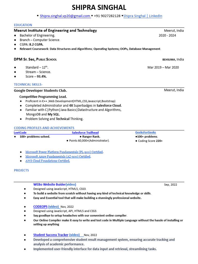 Shipra Singhal Resume Btech | PDF | Computer Programming | Html5