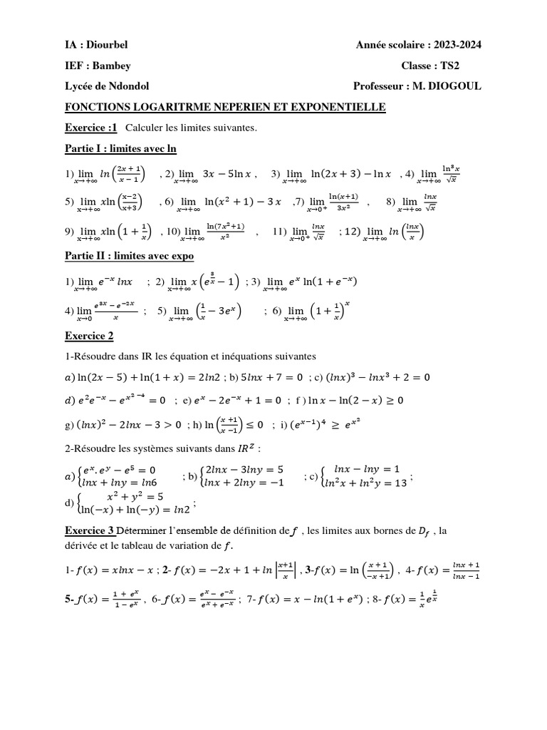 Logarithmes et Exponentielles TS2 | PDF | Fonction (Mathématiques) | Limite (mathématiques)