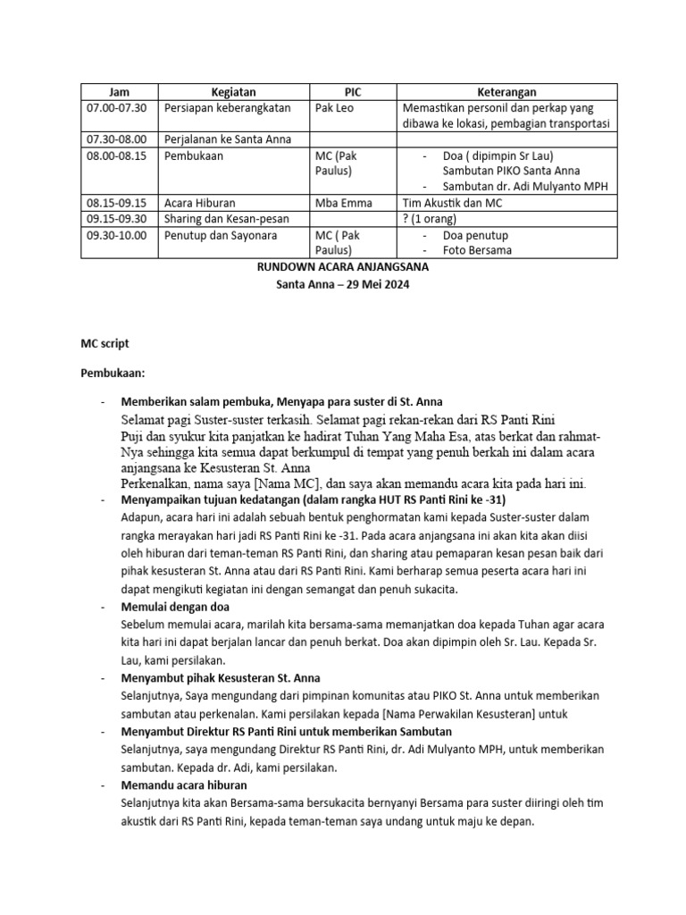 MC Script - Rundown Acara Kunjungan St. Anna | PDF