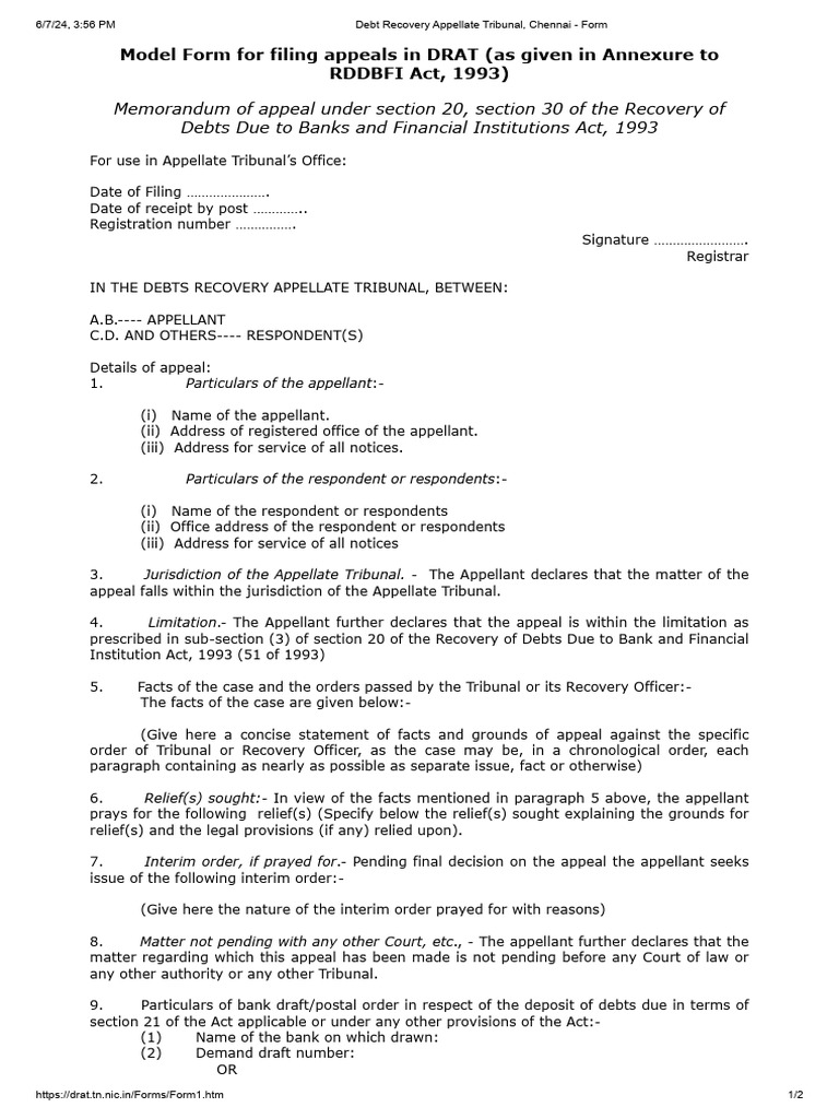 Model Form DRT | PDF | Appellate Court | Appeal
