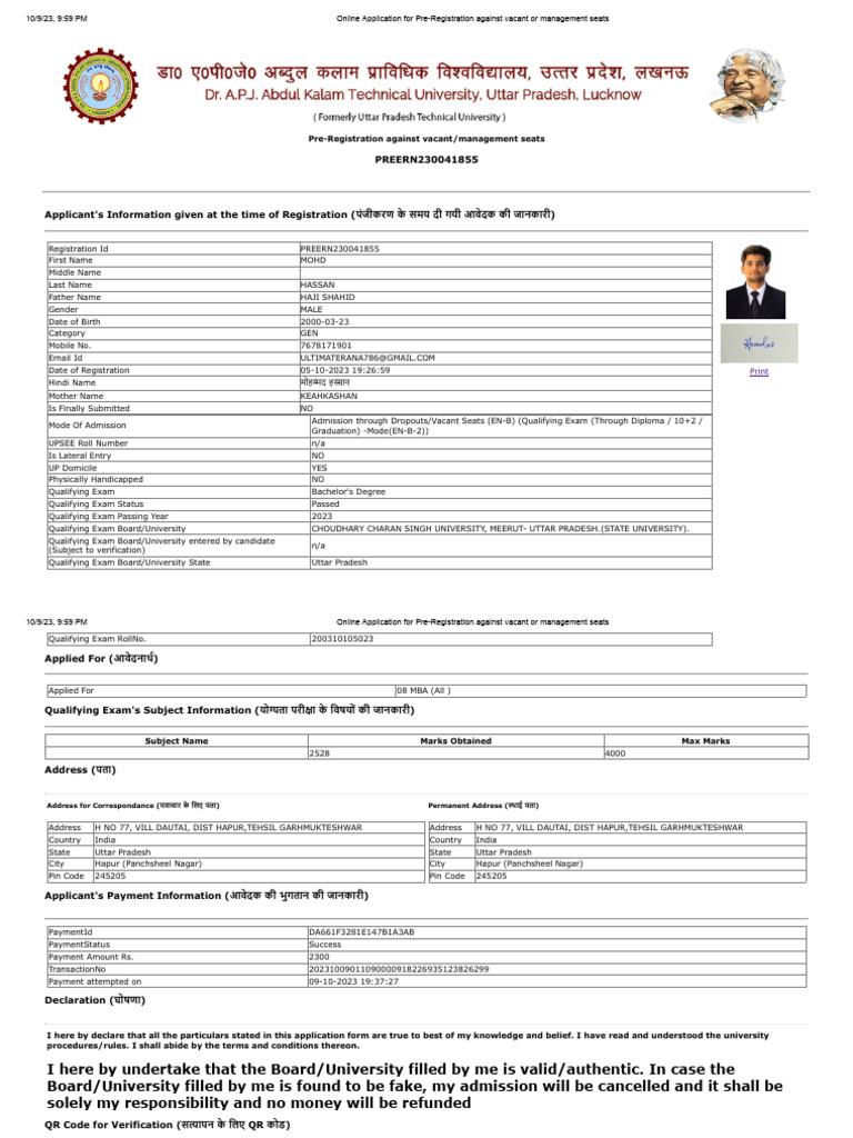 Pre-Registration for MBA Vacant Seats | PDF