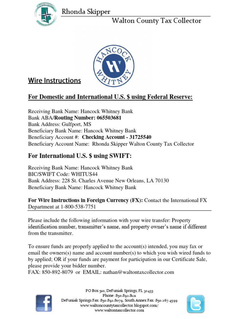 Hancock Whitney Bank Wire Instructions | PDF | Finance & Money ...