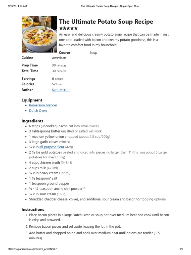 The Ultimate Potato Soup Recipe - Sugar Spun Run | PDF | Bacon | Soup