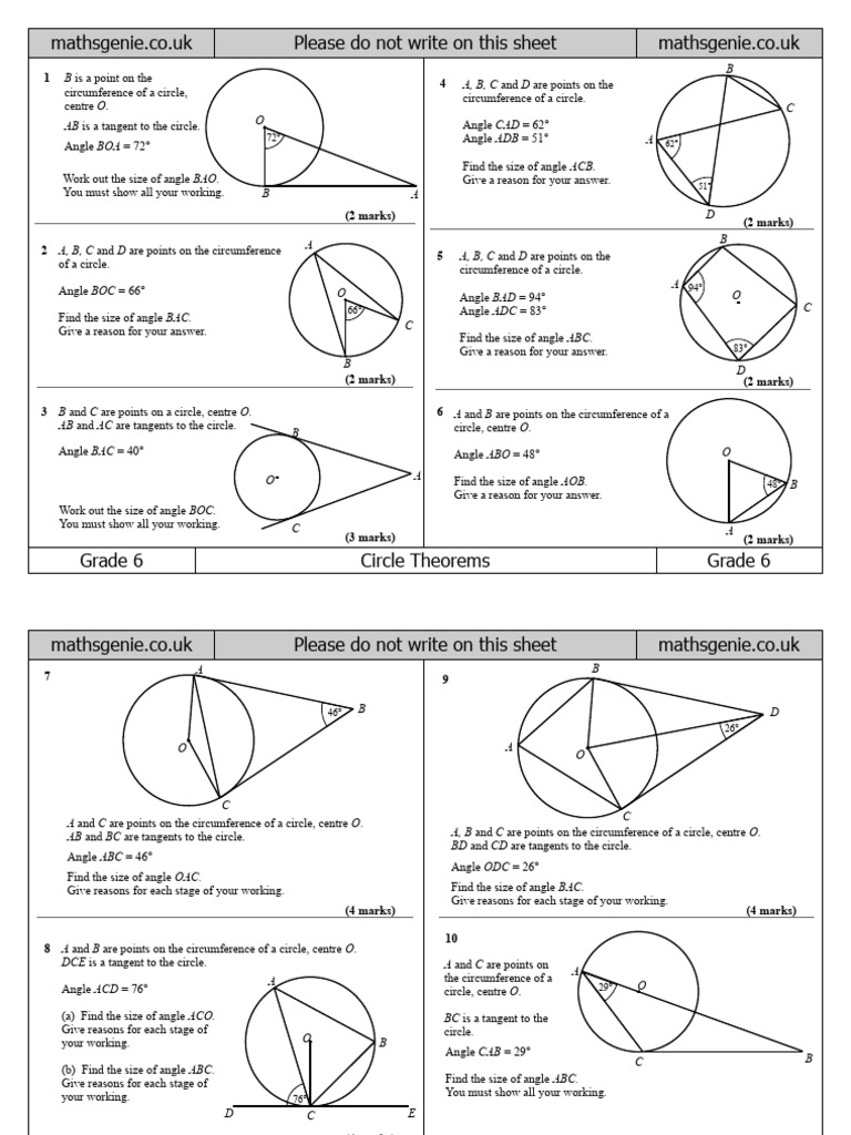 6-circle-theorems-ws | PDF | Circle | Angle