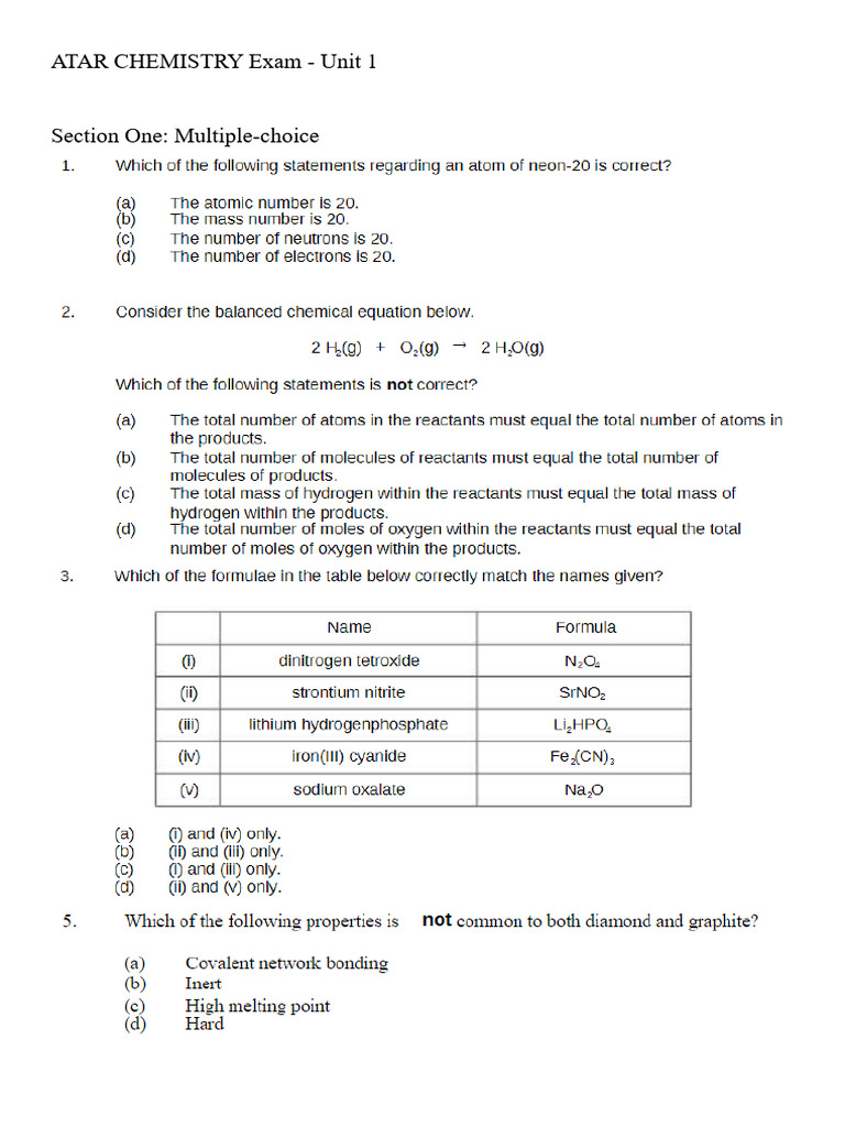 ATAR CHEMISTRY Exam - Unit 1 | PDF