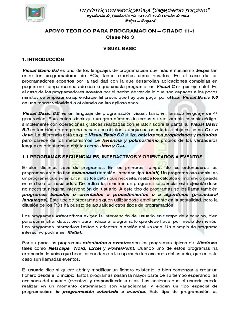 Introducción a Visual Basic 6.0 | PDF | Lenguaje de programación | Básico