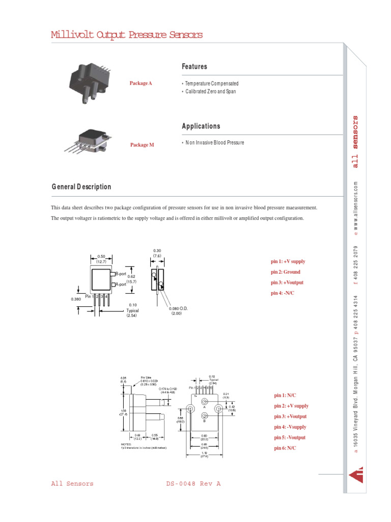 Millivolt Output Pressure Sensors: Features | PDF | Pressure Measurement | Sensor