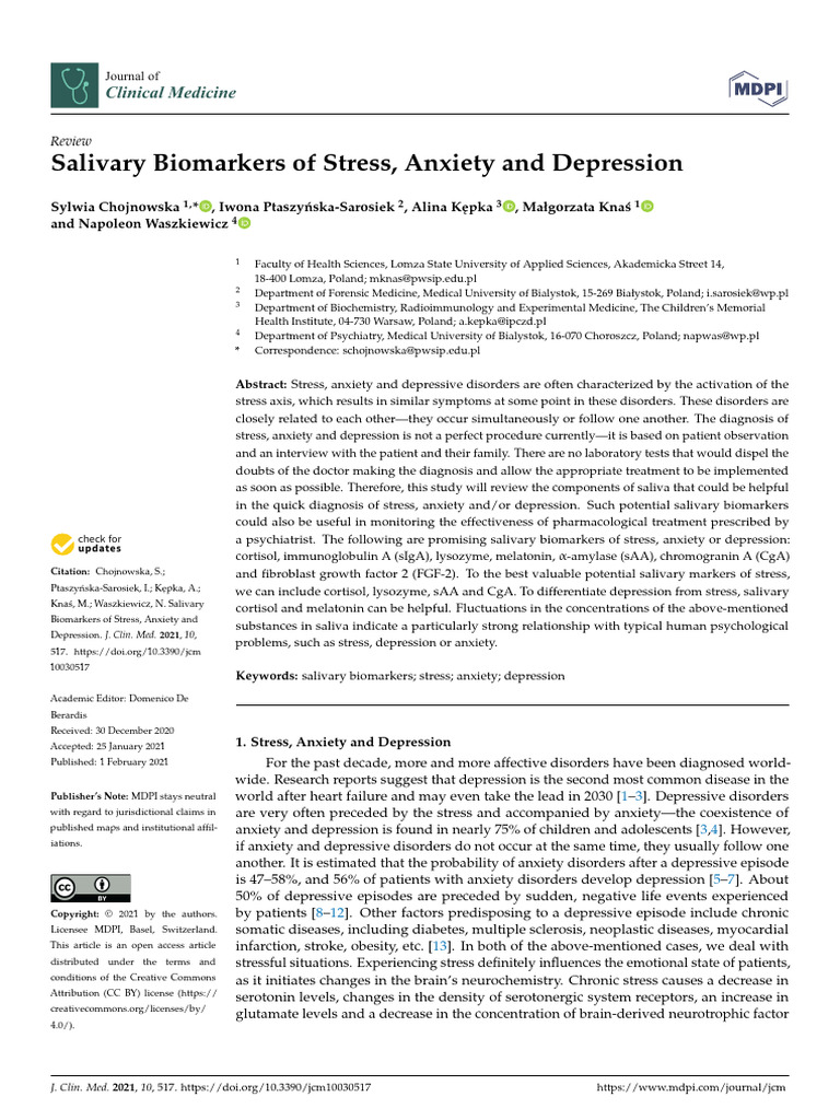 Salivary Biomarkers of Stress, Anxiety and Depression | PDF | Stress ...