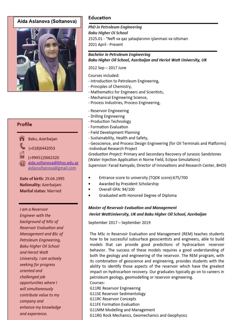 CV Aida Aslanova | PDF | Petroleum Reservoir | Petroleum