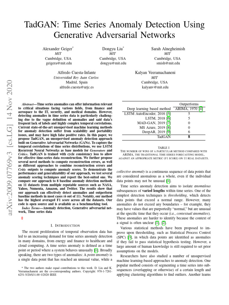 2020tadgan Time Series Anomaly Detection Using Download Free Pdf Time Series Machine Learning