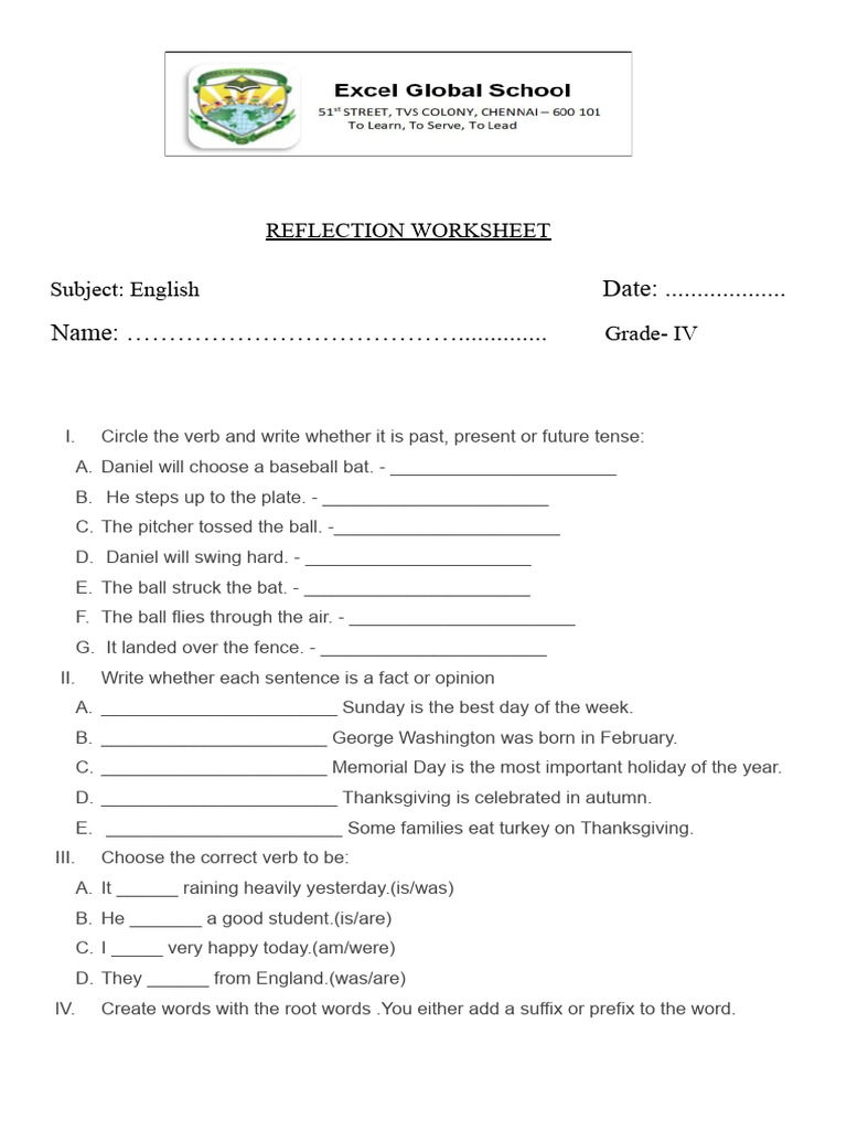 English Reflection Worksheet for Grade IV | PDF | Linguistics | Languages
