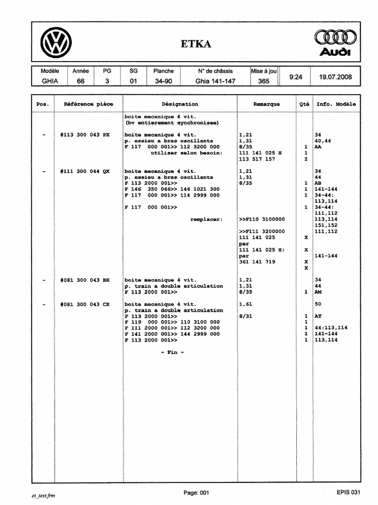 Ghia 141-147 Mechanical Parts List | PDF