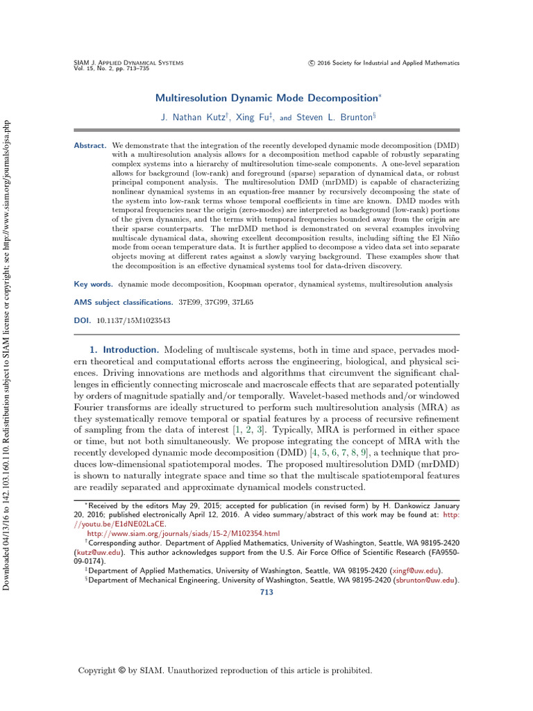 Multiresolution Dynamic Mode Decomposition: J. Nathan Kutz, Xing Fu, Steven L. Brunton | PDF ...